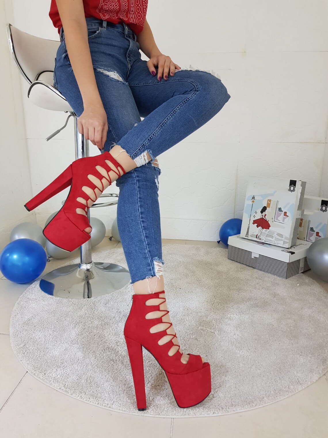 Red Evening Shoes Red Knitting Pattern Thick Heel Platform - Etsy