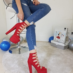 Red Evening Shoes, Red Knitting Pattern High Heel Platform Shoes,red ...