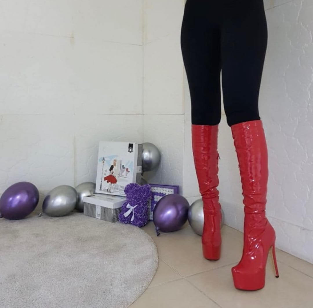 Red High Heel Platform Boots, Red Ankle Platform Stiletto Boots ...