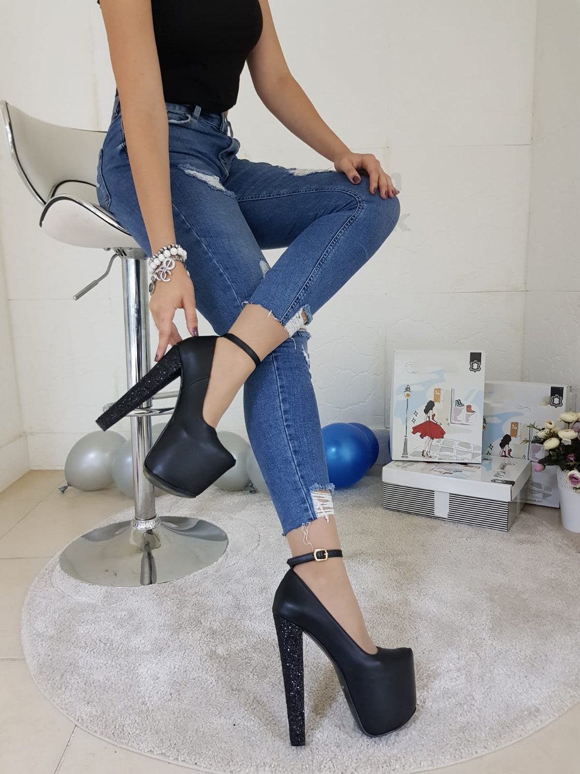 Black Bounding Platform Evening Shoes Black Platform Shiny - Etsy