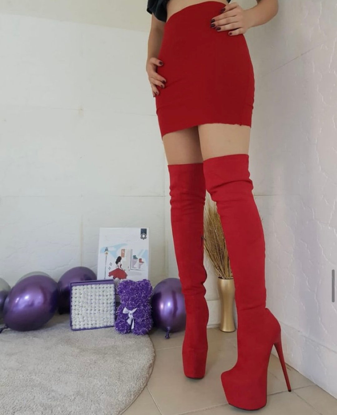 Red Over the Knee Boot,red Over the Knee Platform Stiletto Heel Boots ...