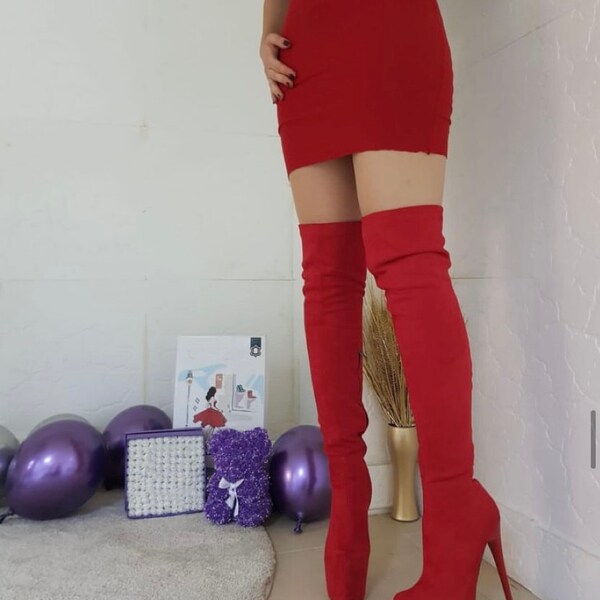 Red Over the Knee Boots - Etsy