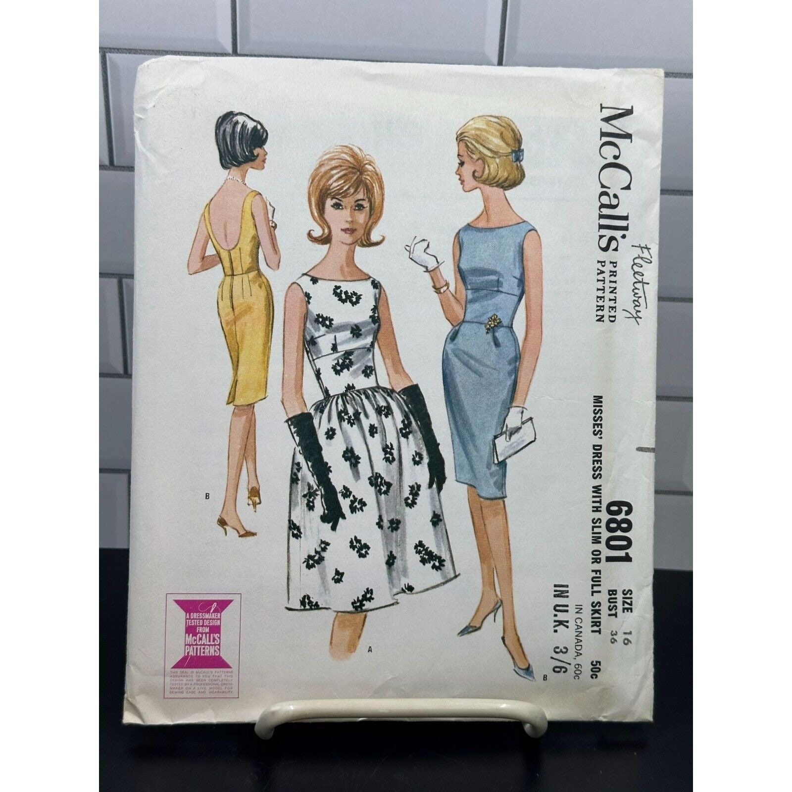 1963 Mccall's Misses' Dress W/ Slim or Full Skirt Pattern 6801 Size 16 ...