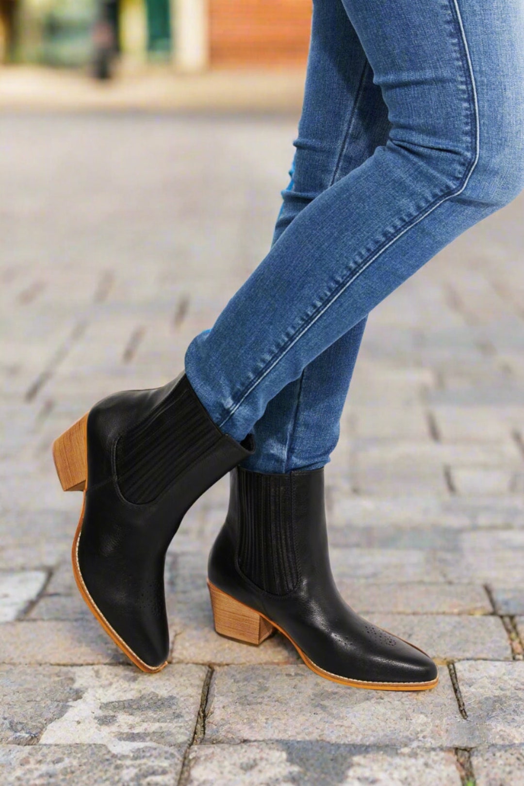 Stacked Heel Chelsea Boot in Black for Women, Fashionable Cowboy ...