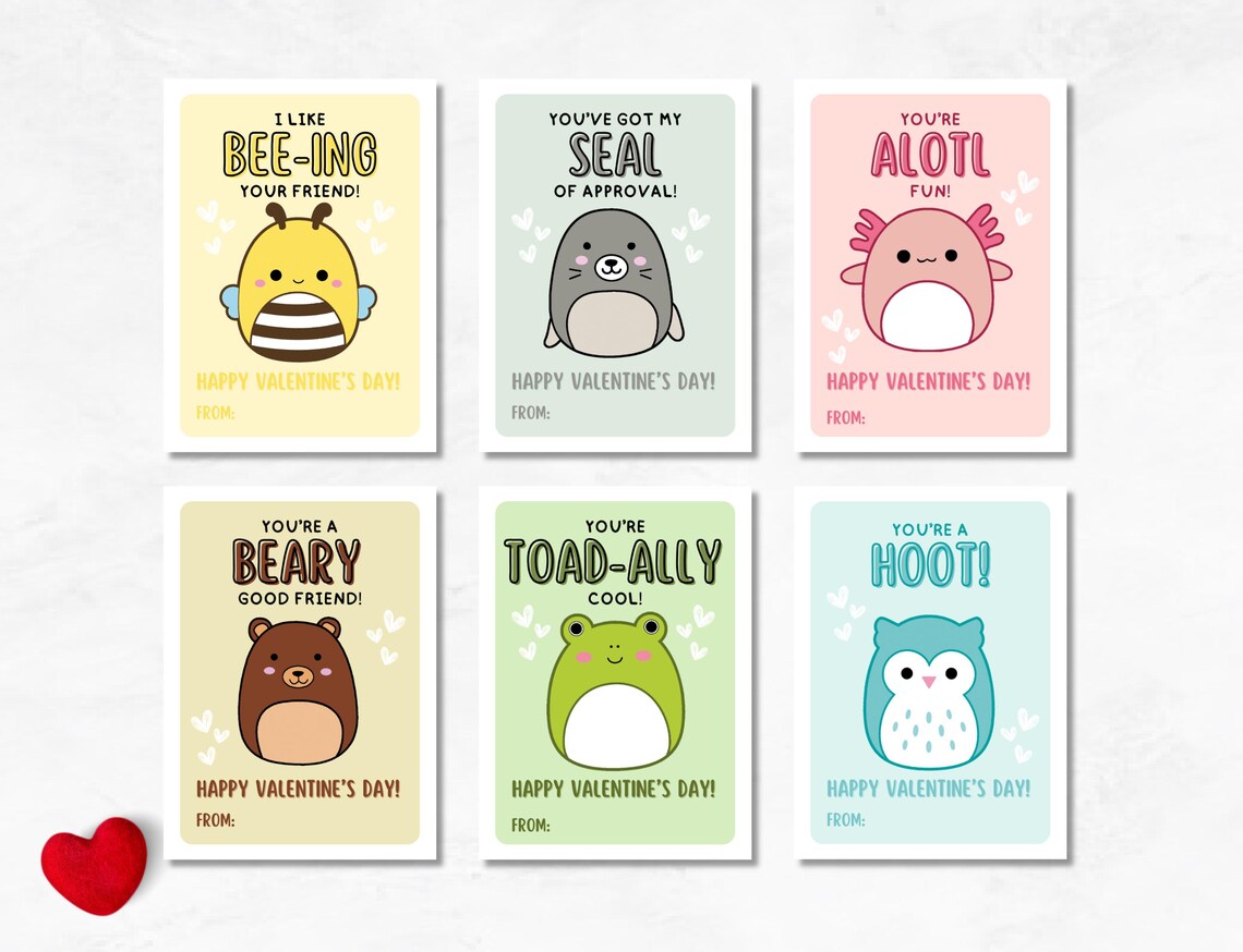 Squish Valentine Cards, Kid's Printable Valentine, Class Valentine ...