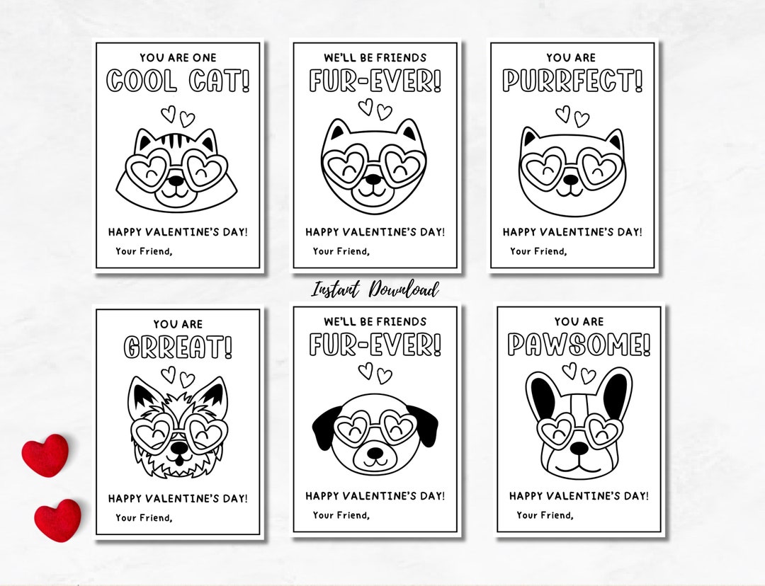 Coloring Dog & Cat Valentine Cards, Dog Valentine Day Cards, Cat ...