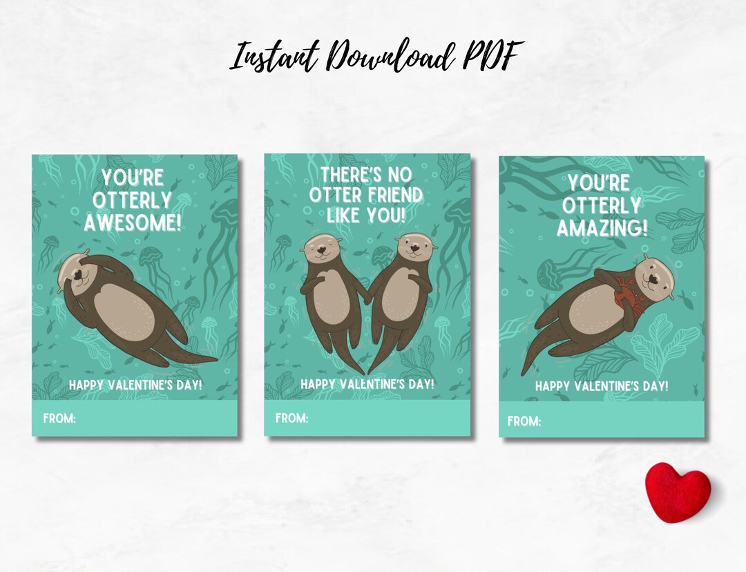 Otter Valentine's Day Cards, Kids Printable Valentine Cards, Otter Card ...