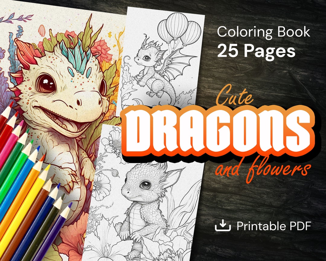 25 Cute Baby Dragon With Flowers Coloring Page Book, Adults Kids ...