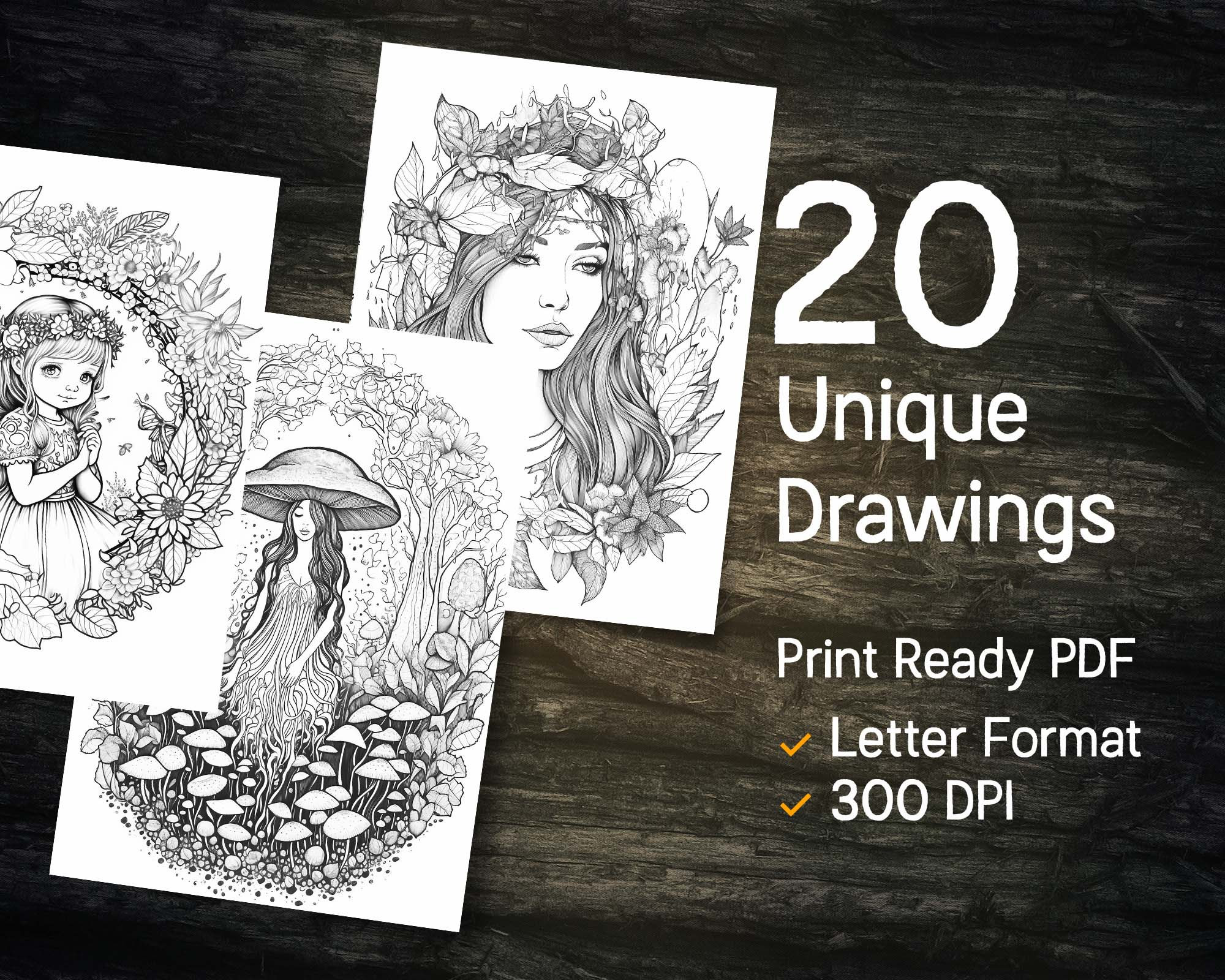 20 Forest Mushroom Fairies Magic Coloring Pages Book, Adults Kids ...