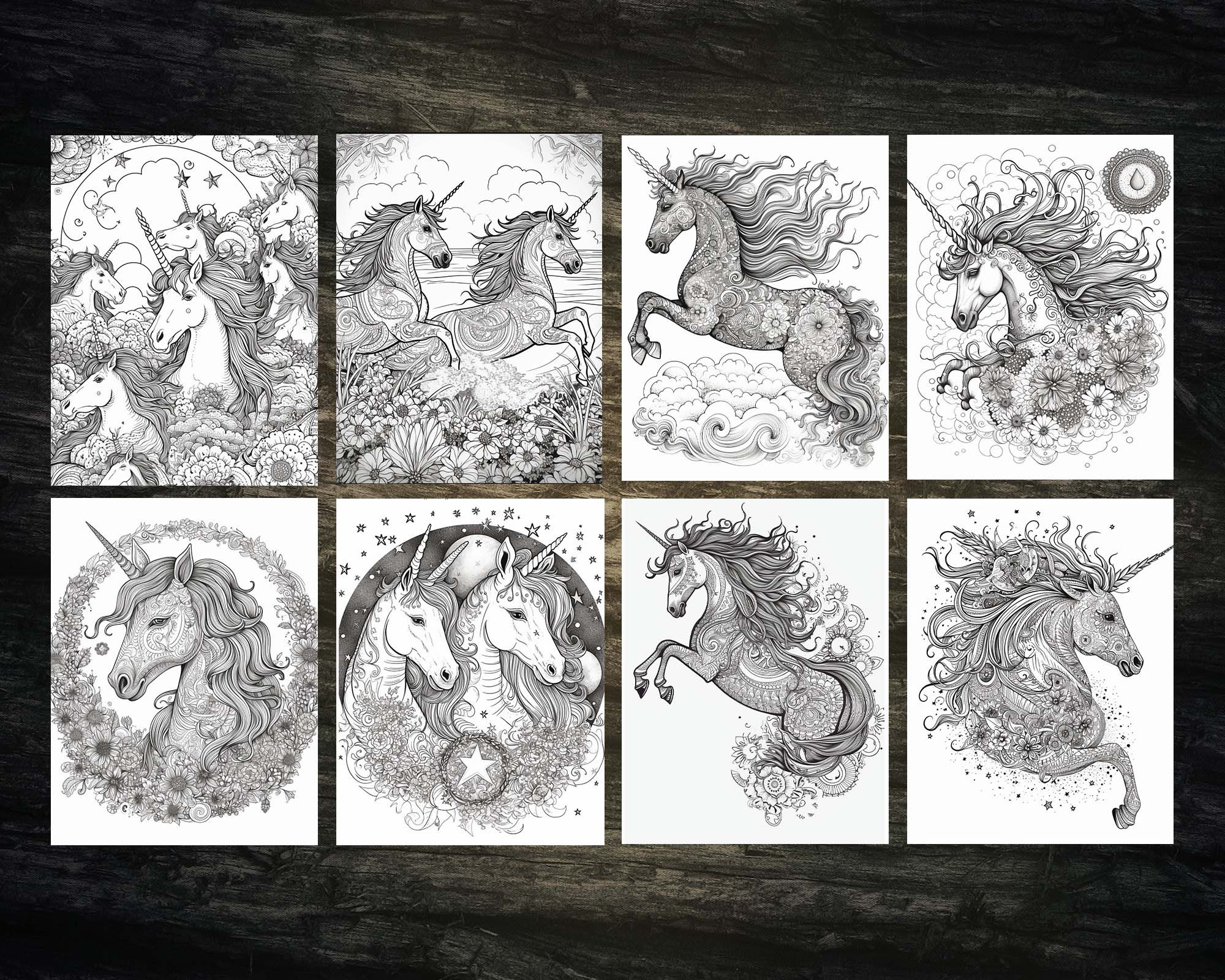 20 Unicorn Fantasy Coloring Pages Book, Adults Kids Instant Download ...