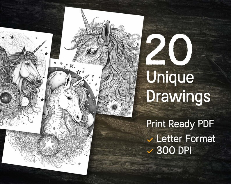 20 Unicorn Fantasy Coloring Pages Book, Adults Kids Instant Download ...