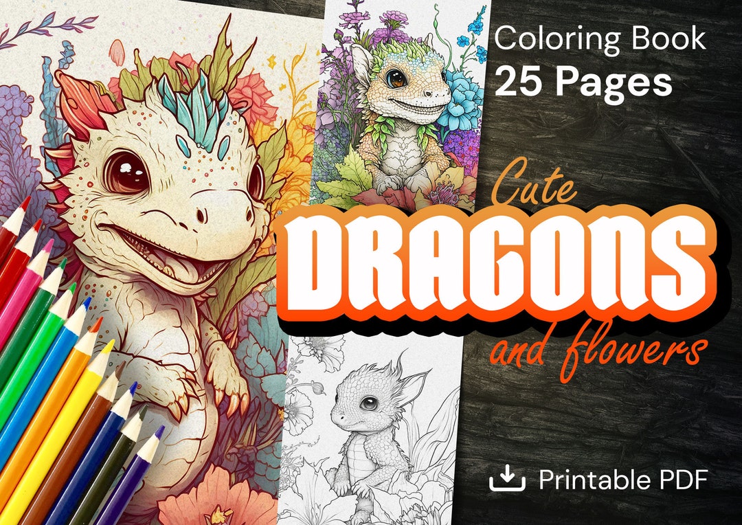 25 Cute Baby Dragon With Flowers Coloring Page Book Adults - Etsy