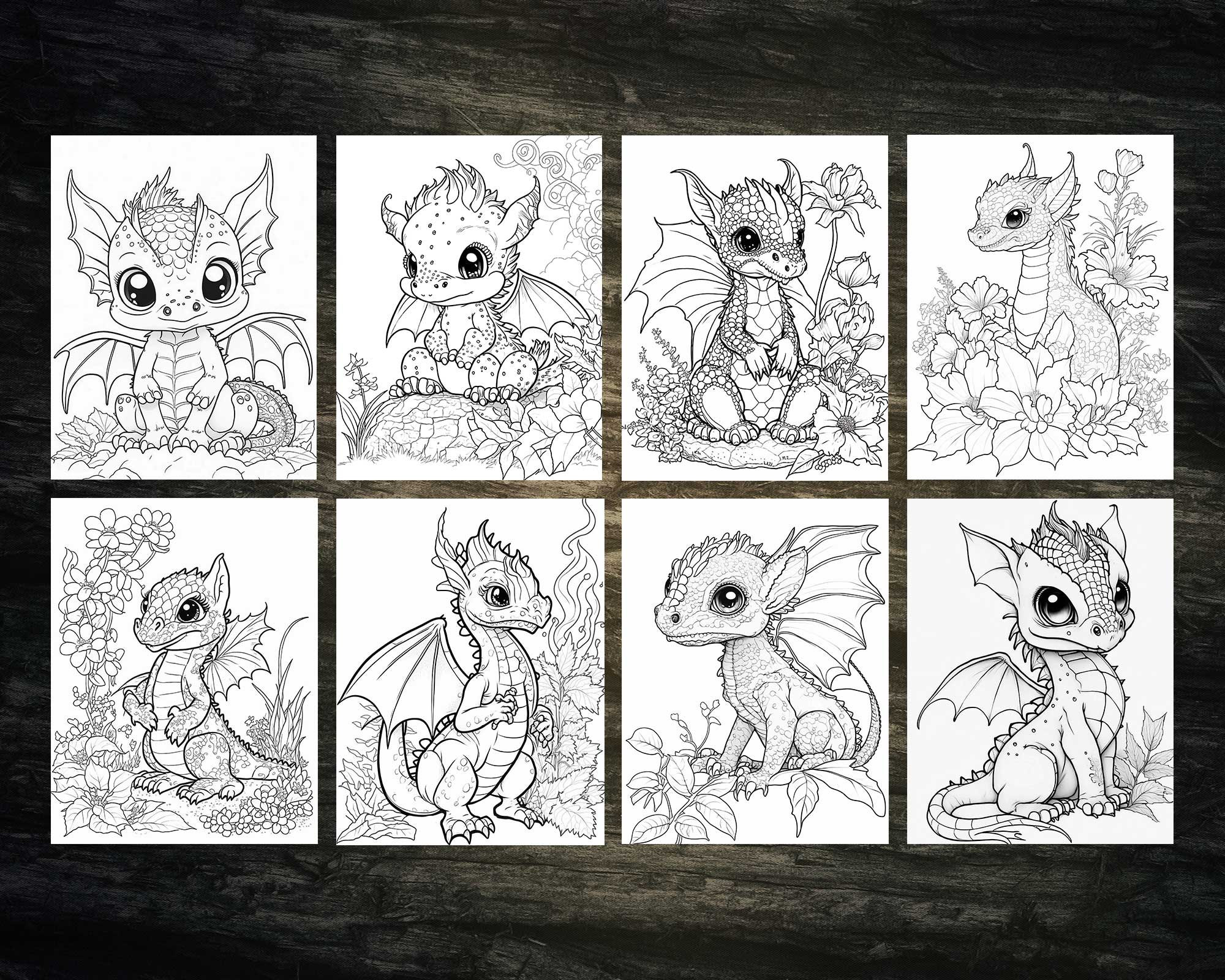25 Cute Baby Dragon With Flowers Coloring Page Book, Adults Kids ...