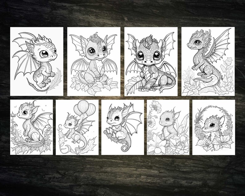 25 Cute Baby Dragon With Flowers Coloring Page Book, Adults Kids ...