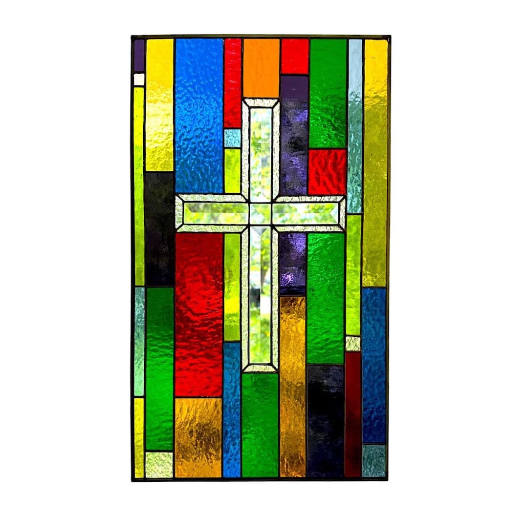 Rainbow Stained Glass Panel With Cross, Church Window Glass, Transom ...