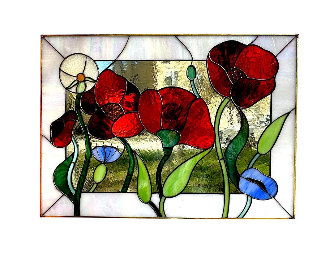 Custom Poppy Stained Glass 14" х 19", Red Poppies Glass Art for Window ...