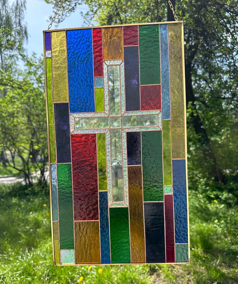 Stained Glass Cross Panel: Handmade Christian Window Hanging - Etsy