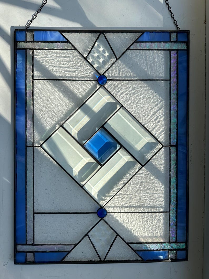 Stained Glass Panel Blue Square/art Deco Style/geometric Stained Glass ...