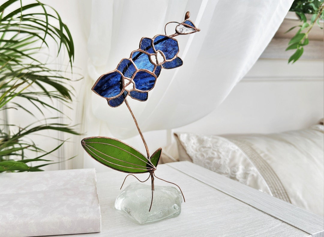 Orchid Flower Stained Glass Botanical Art Blue Flower Table Decor for ...