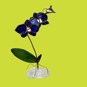 Orchid Flower Stained Glass Botanical Art Blue Flower Table Decor for ...