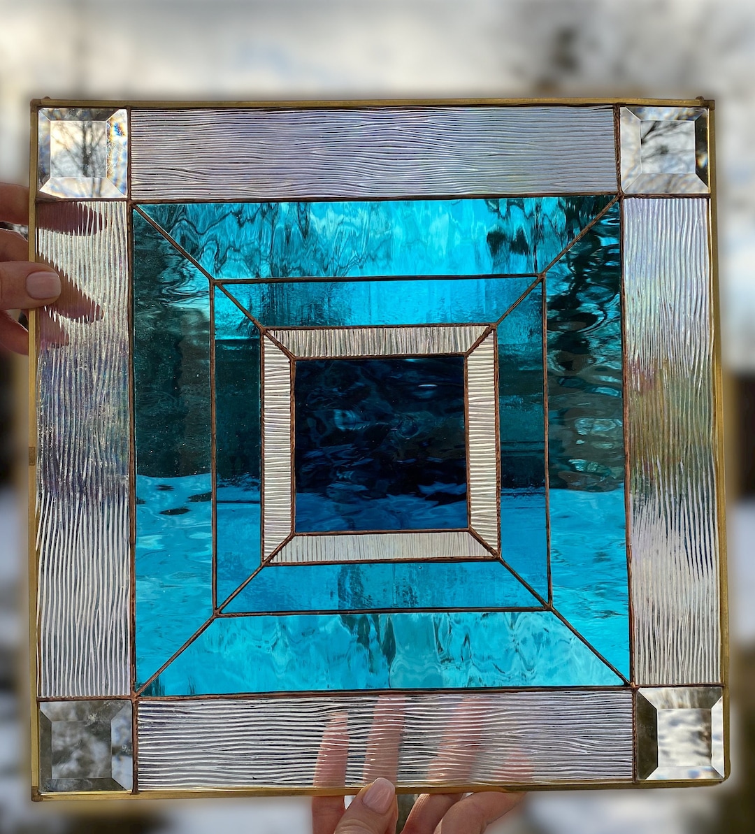 Stained Glass Panel Square Aquamarine 13.8 X 13.8 Sea Glass Custom ...