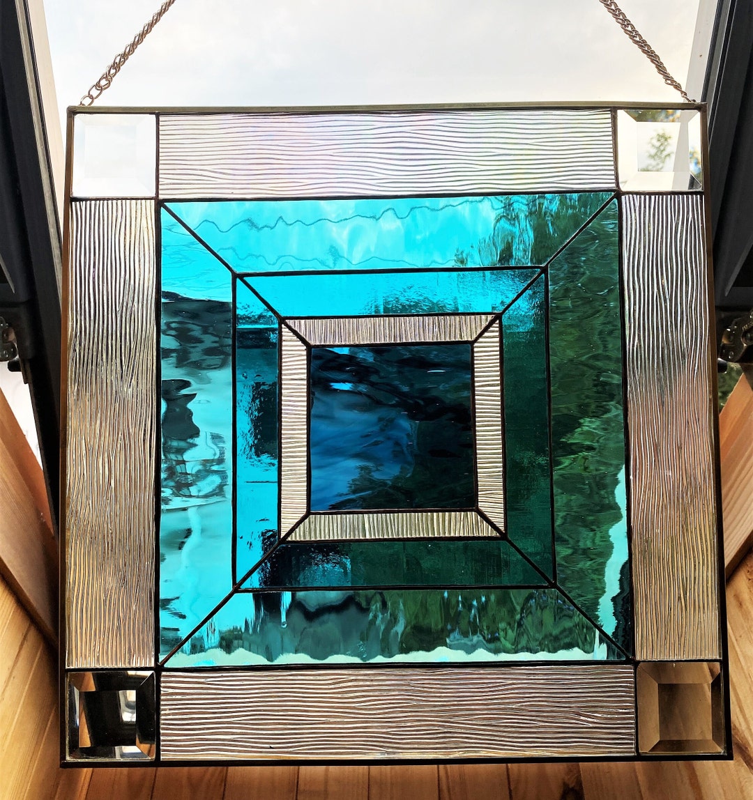 Stained Glass Panel Square Aquamarine 13.8 X 13.8 Sea Glass Custom ...