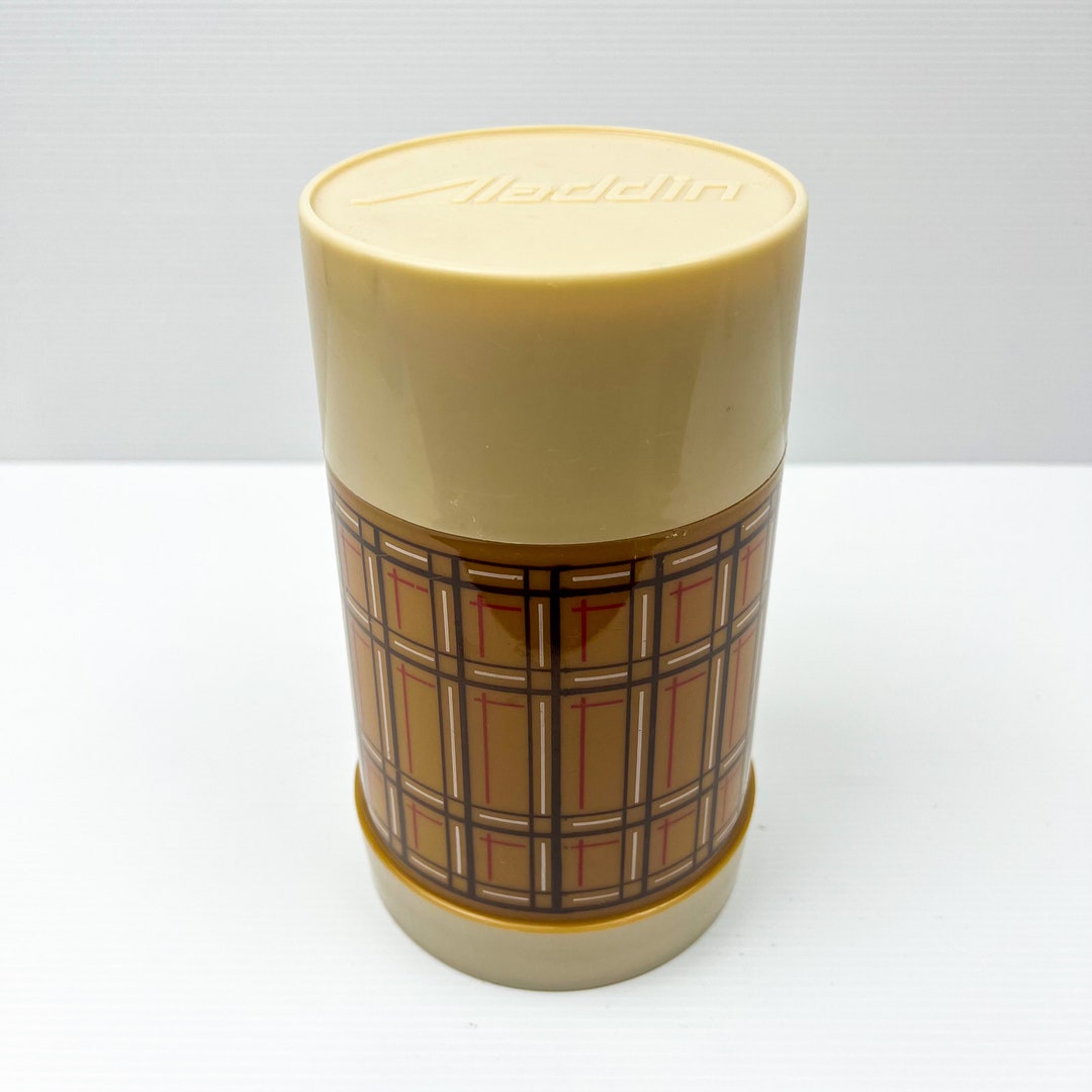 Vintage Aladdin Brown Beige Check Picnic Thermos Retro Plastic Flask ...