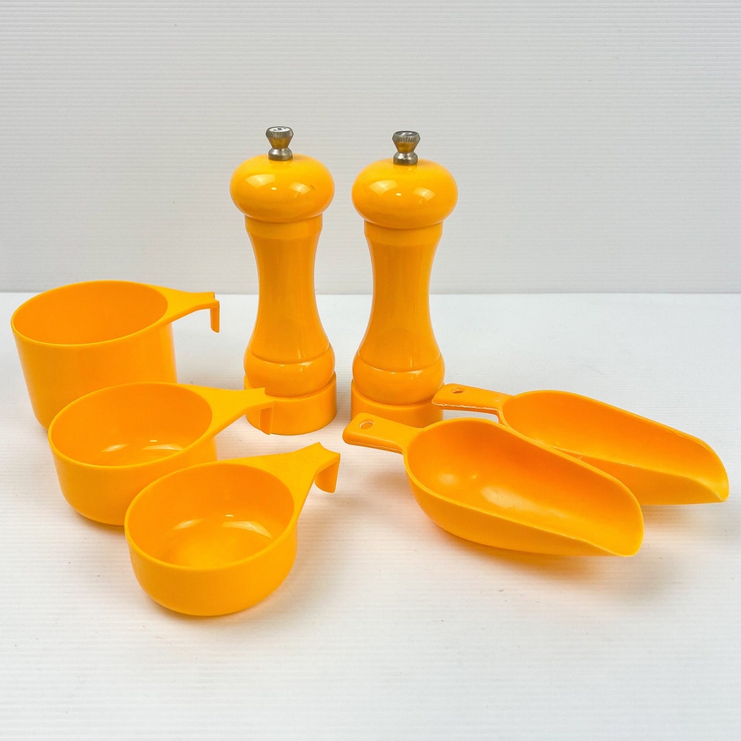 Retro Yellow Plastic Kitchen Accessories Bundle: Salt & Pepper Shakers ...