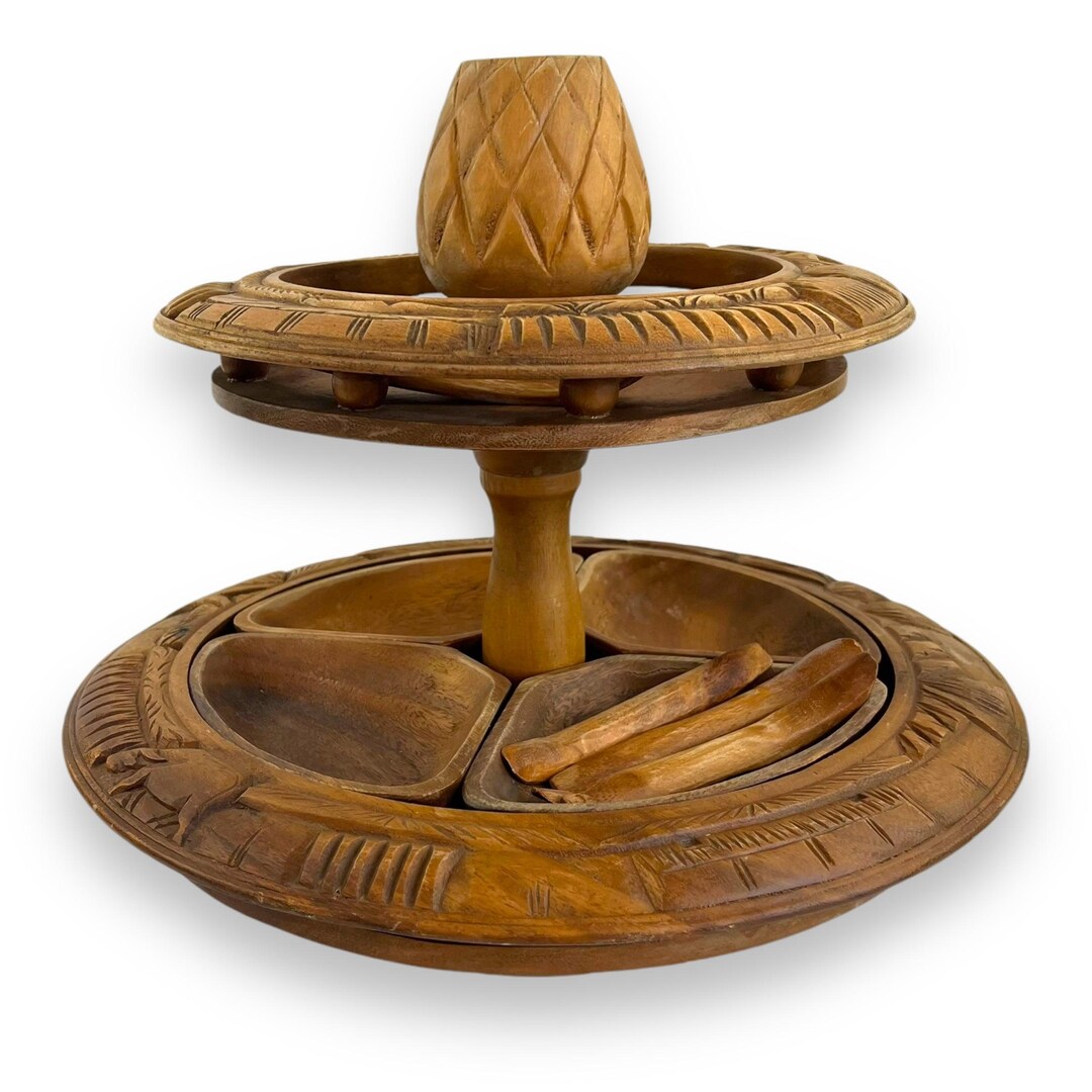 Wooden Tiki Monkey Pod Two Tier Lazy Susan Server - Etsy