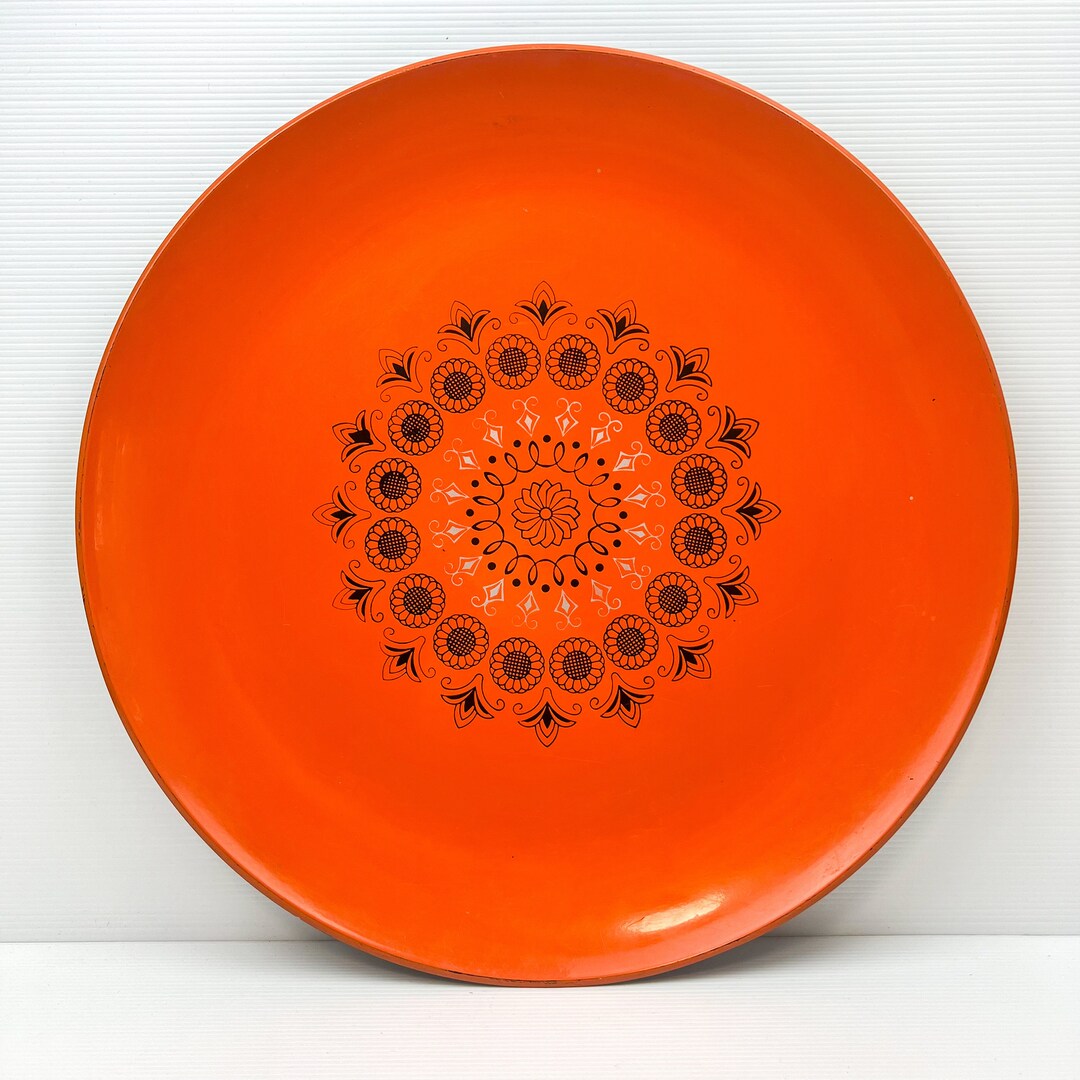 Retro Orange Large Round Plastic Serving Tray With Black Retro Pattern ...