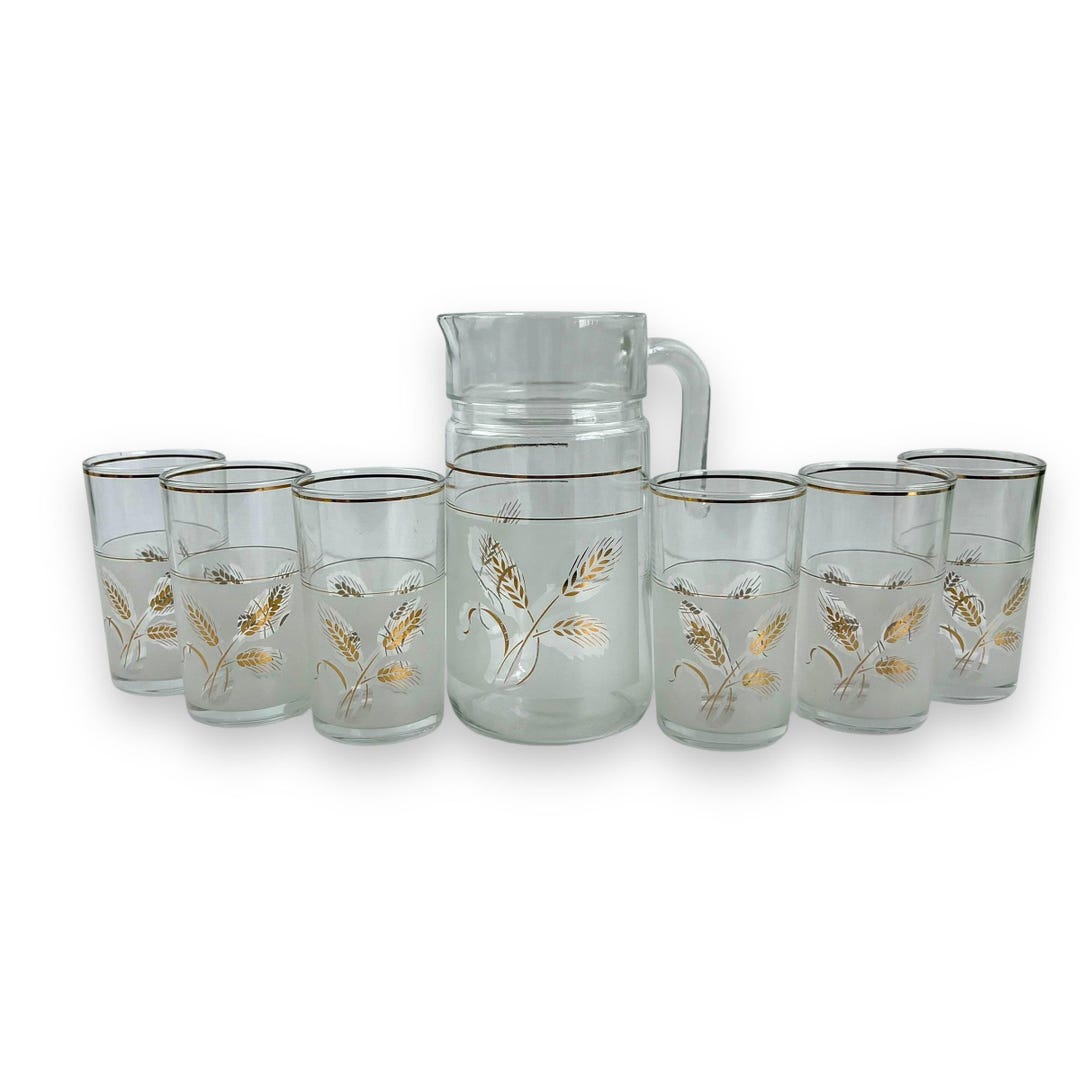 Gold Wheat Pattern Glass Jug and 6 Matching Glasses - Etsy