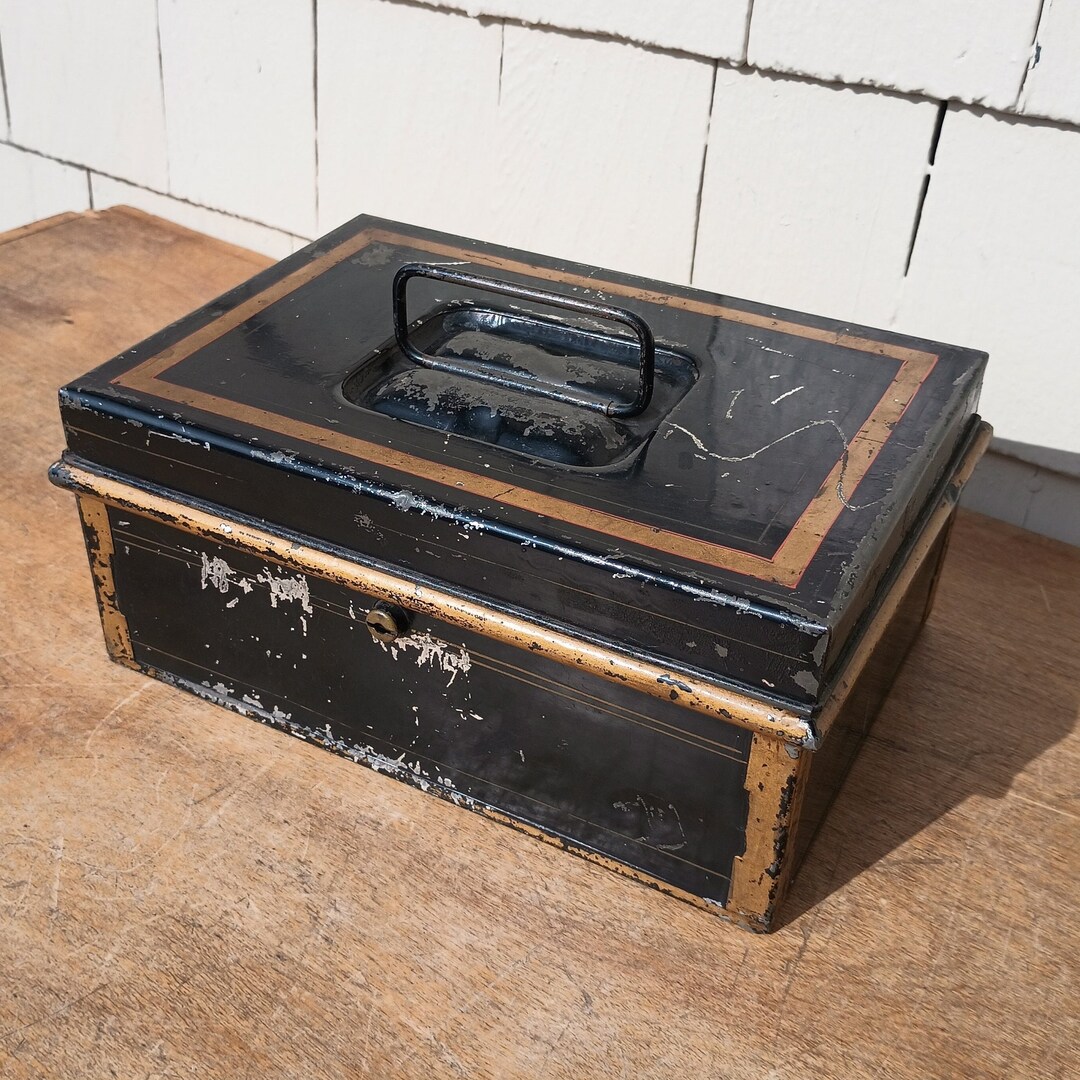 Vintage Locking Metal Box Black With Gold and Red Trim With Key - Etsy