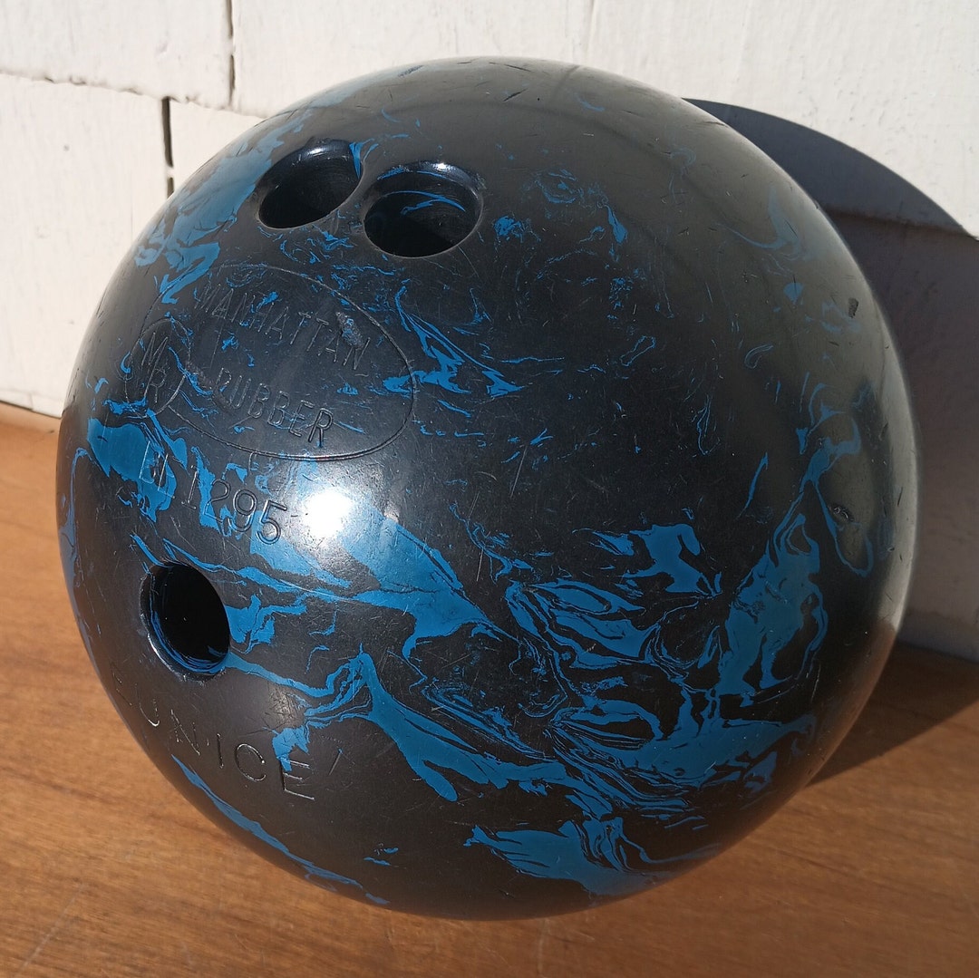 Vintage Bowling Ball With Blue and Black Swirl - Manhattan Rubber ...