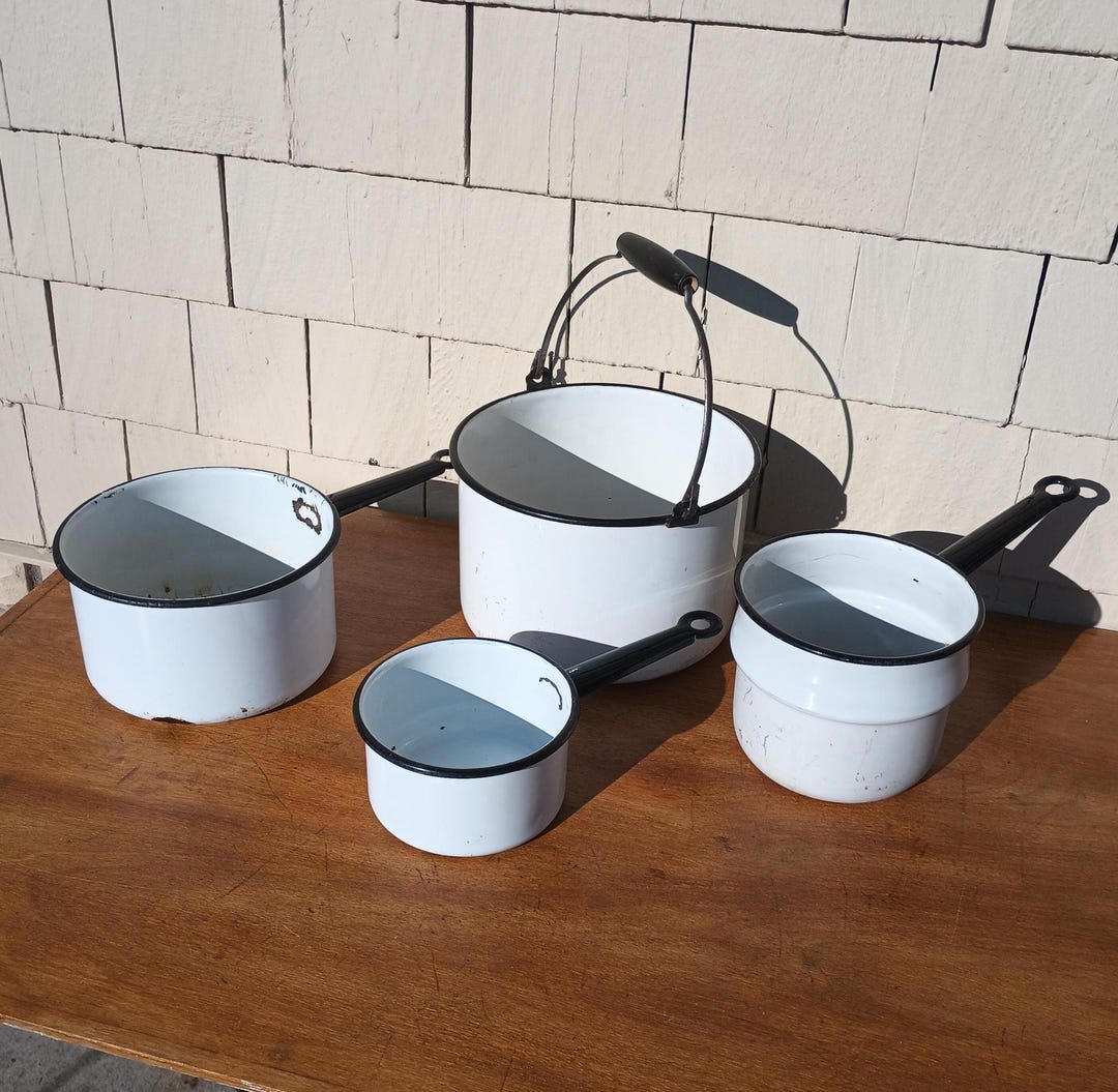 Group of Four Vintage Enamelware Pots - White With Black Trim and ...