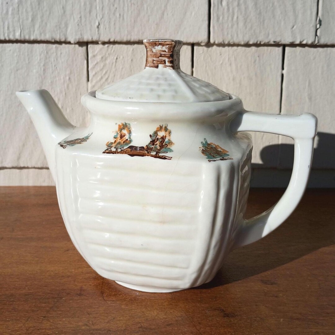 Vintage Teapot - Porcelier - Rustic Log Cabin Design - Etsy
