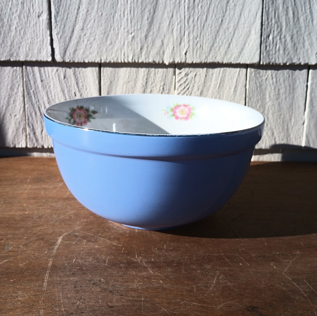 Vintage Blue Bowl - White Interior With Flowers - Hall's Superior ...