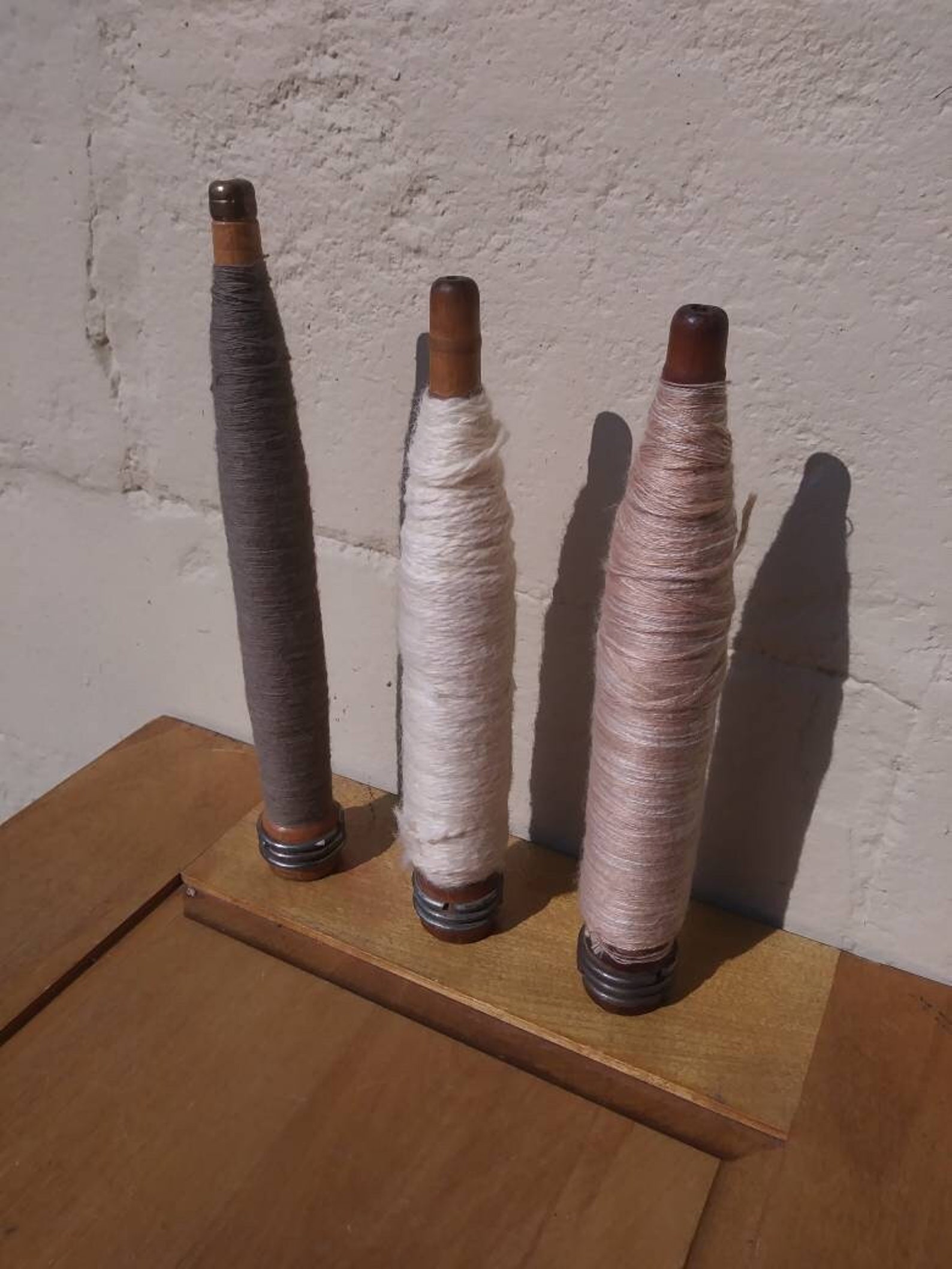 Group of Three Wooden Bobbins With Wool Thread Great Colors - Etsy