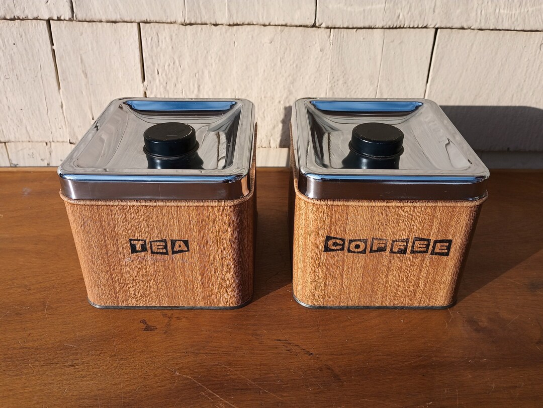 Vintage Kitchen Canisters - Coffee and Tea - Chrome and Woodgrain ...