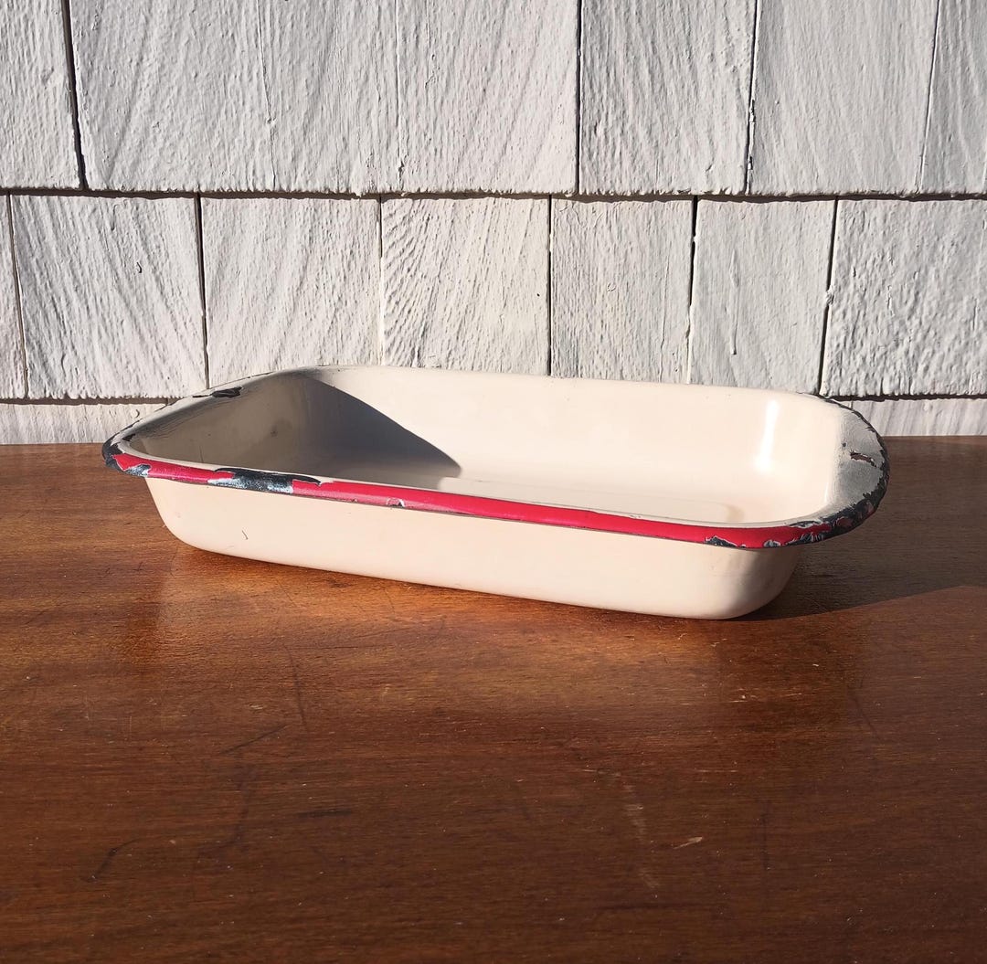 Vintage Enamelware Baking Pan Cream and Red - Etsy