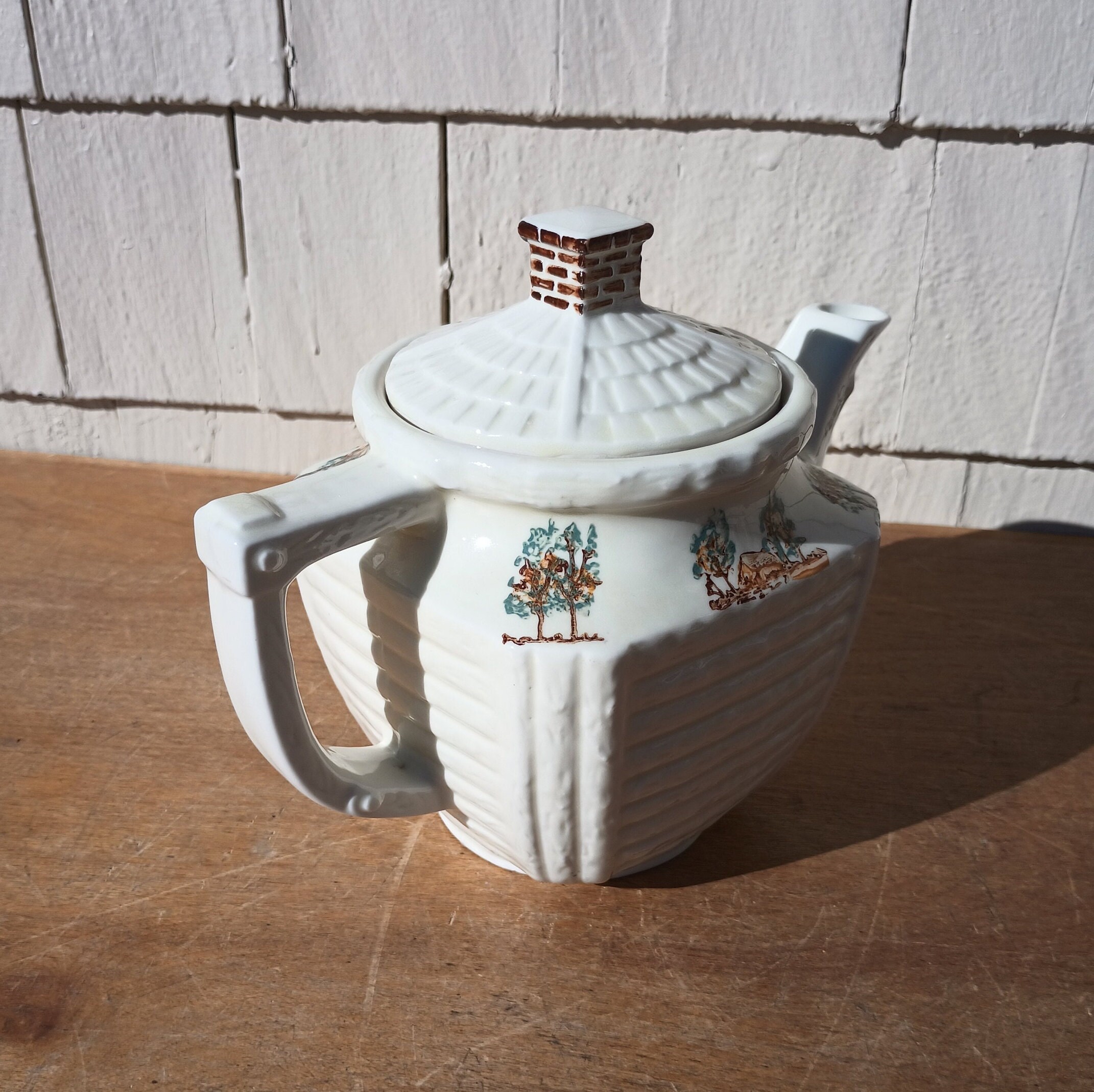 Vintage Ceramic Teapot - Porcelier - Log Cabin Design - Etsy