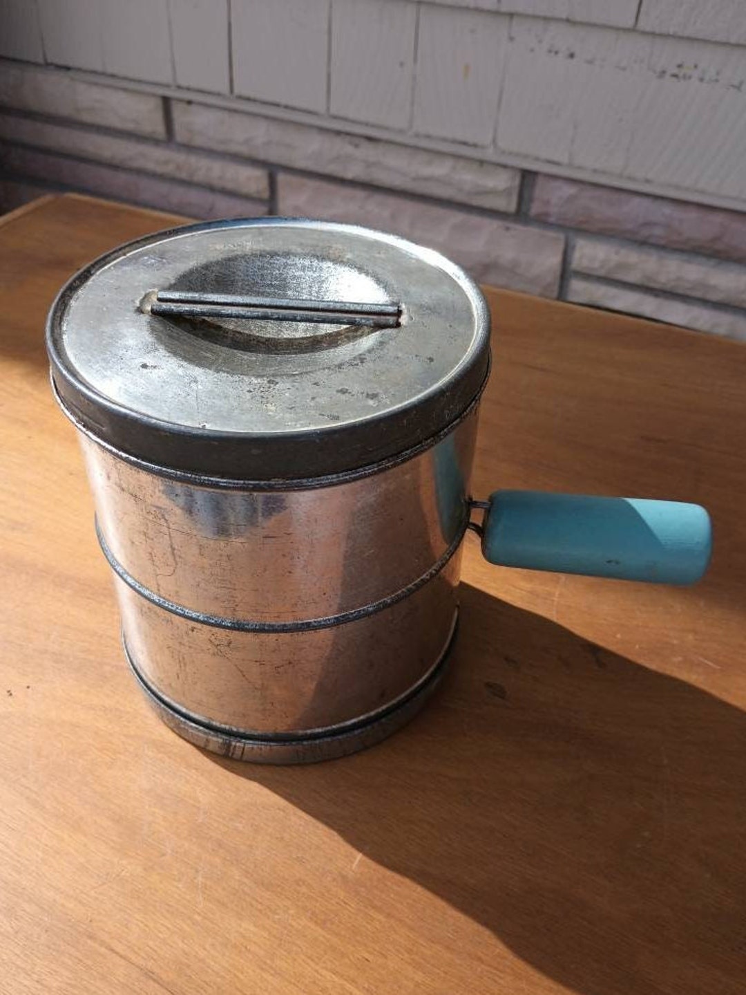 Vintage Sifter With Top and Bottom Lid and a Light Blue Wooden Handle ...