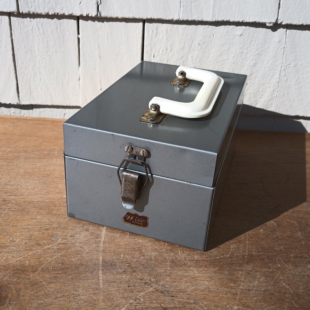 Vintage Grey Metal Index Card Box With Handle and Latch - Weis, Monroe ...