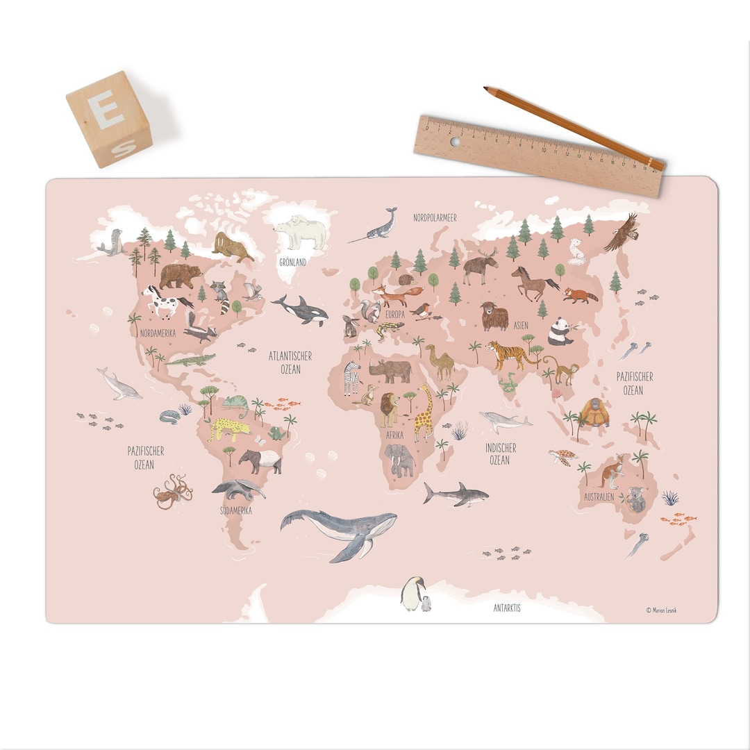 Desk Pad World Map Pink Washable Gift Idea for Children - Etsy
