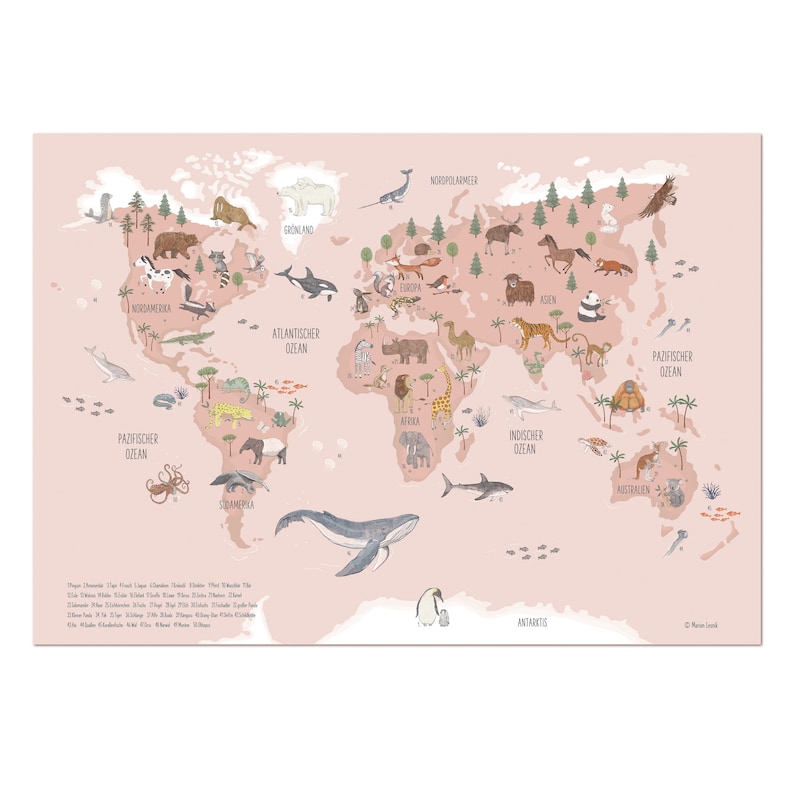 Large World Map With Animals in Pink, Gift Idea, Wall Decoration for ...