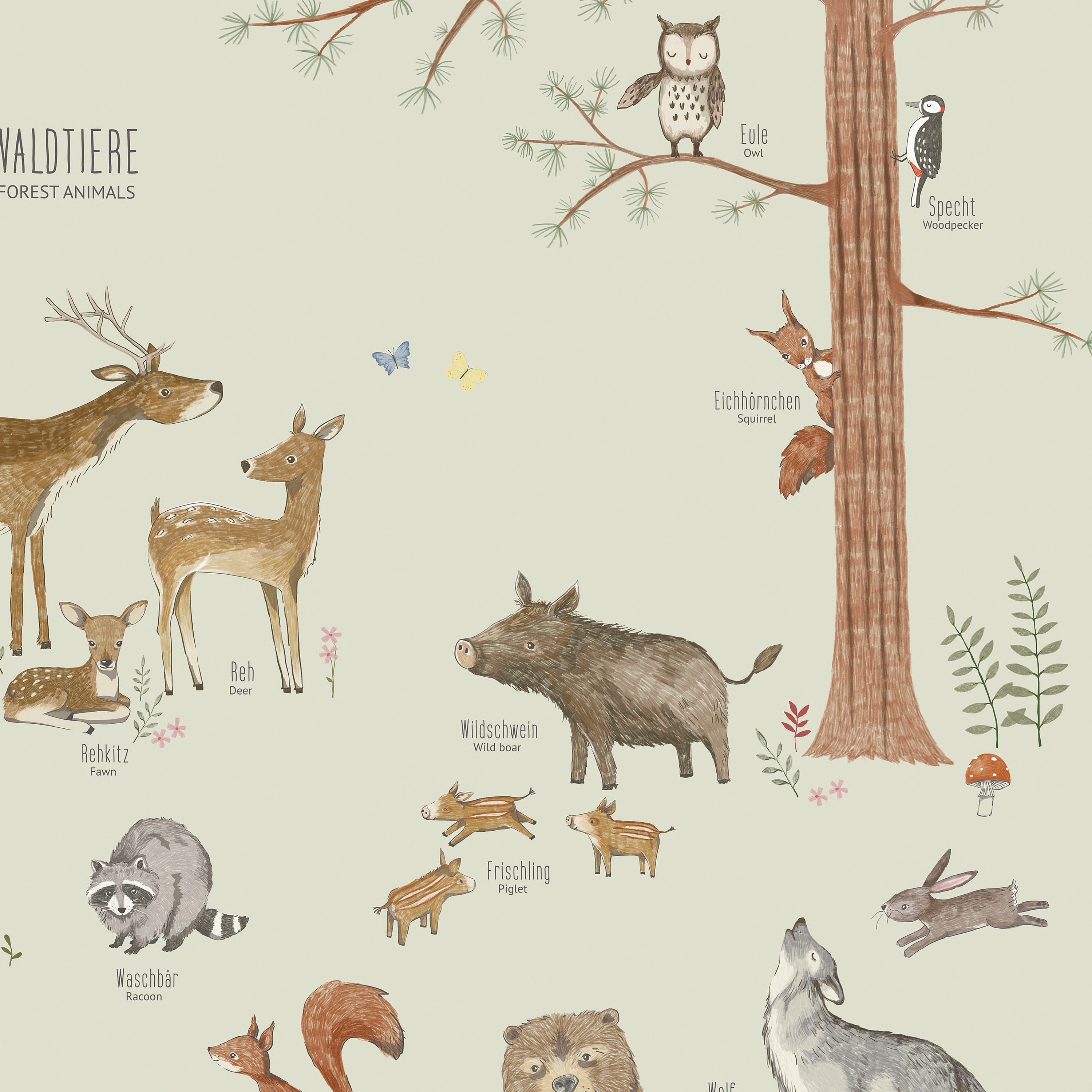 Poster Forest Animals Green Hand-drawn; Educational Poster, Wall ...