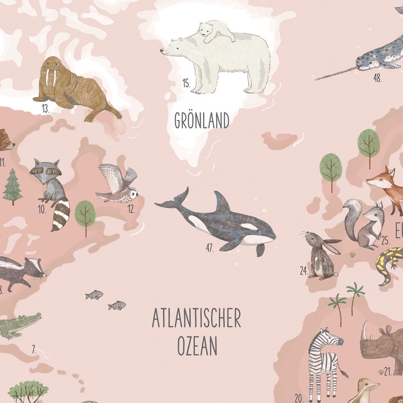 Large World Map With Animals in Pink, Gift Idea, Wall Decoration for ...