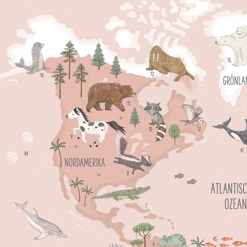 Large World Map With Animals in Pink, Gift Idea, Wall Decoration for ...