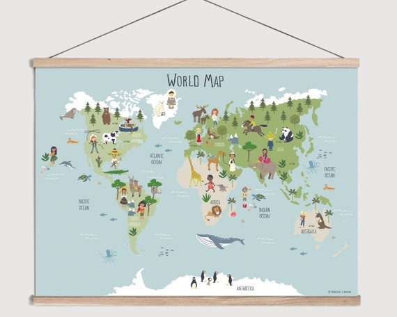 Poster children and Animals World Map Learning | Etsy