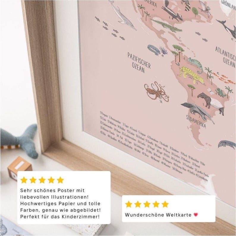 Large World Map With Animals in Pink, Gift Idea, Wall Decoration for ...