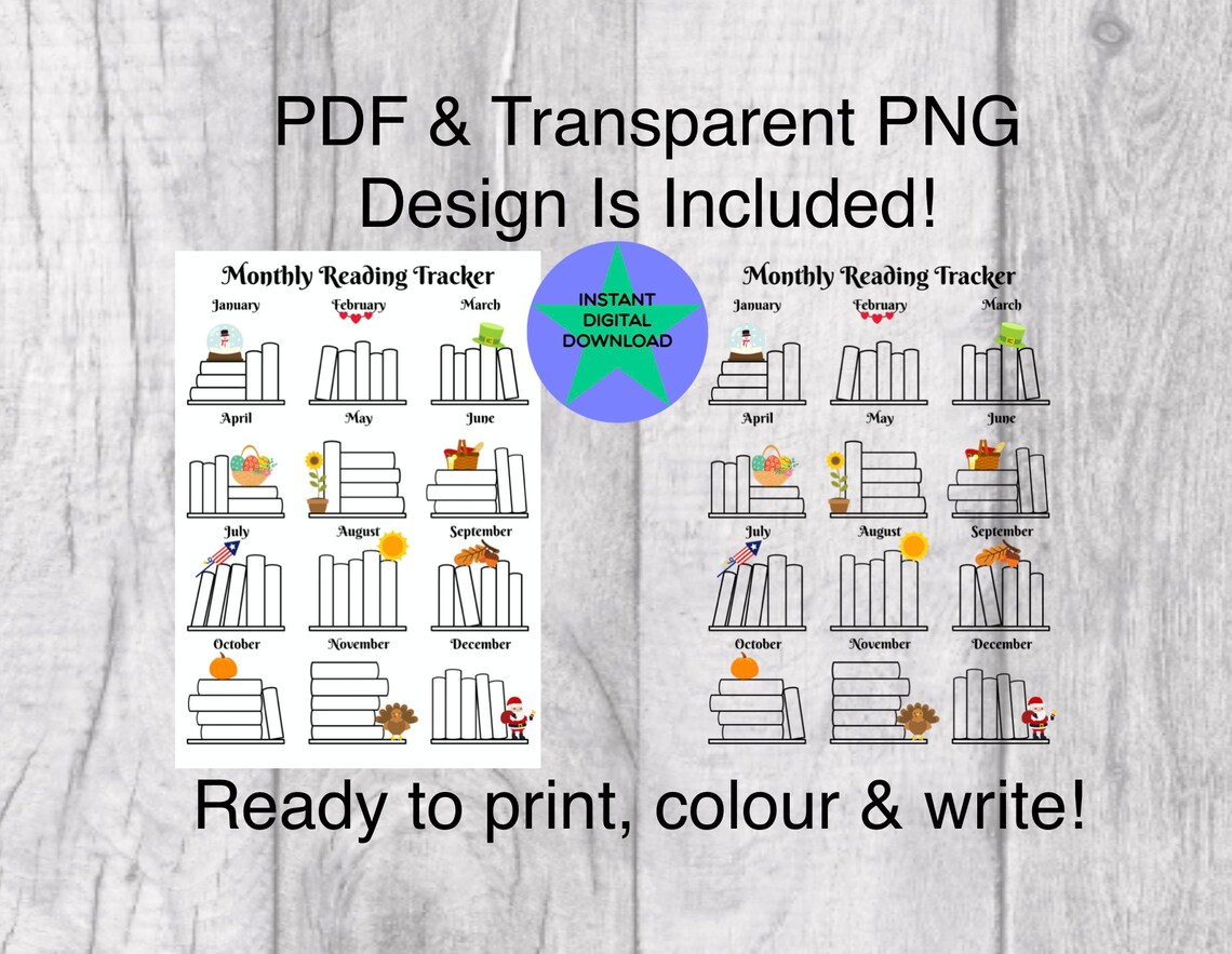 Printable Monthly Book Tracker, Bookshelf Diary (1 PDF & 1 PNG Files ...